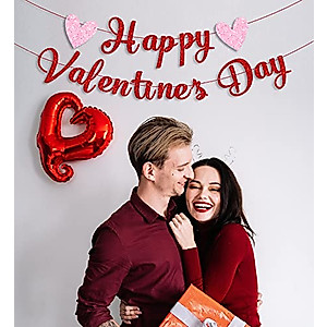 CAVLA Red Glittery Happy Valentine's Day Banner and Red Pink Glittery Hearts Banner Valentine's Day Banner Garland with Heart Signs Valentines Day Party Decorations for Valentines Wedding Anniversary Engagement Party Supplies
