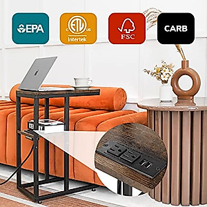 Yoobure C Shaped End Table with Charging Station, Small Side Tables for Living Room, Bedroom, Sofa Table with USB Ports and Outlets for Small Spaces, C Couch Table Rustic Snack Table Bed Side Table