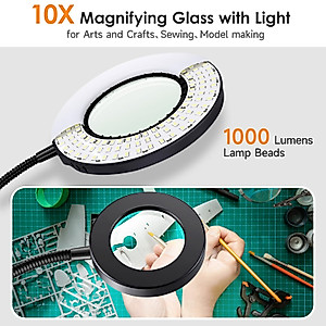 Magnifying Glass with Light 5X, 9w Clip on Light, 48 LED Desk Lamp wtih Clamp Light, 3 Modes Dimmable Magnifying Lamp, LED Desk Light, Clamp Lamp, Clip on Lamps for Bed Desk Work Crafts Workbench