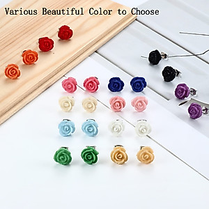 LOYALLOOK 12 Pairs Assorted Colors Resin Rose Flower Earring Studs Set Stainless Steel Post,Nickel-free 10MM