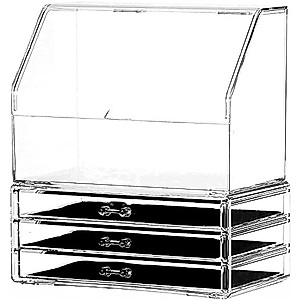 Cq acrylic Cosmetic Display Cases With LId Dustproof Waterproof for Bathroom Countertop Stackable Clear Makeup Organizer and Storage With 3 Drawers,Set of 2