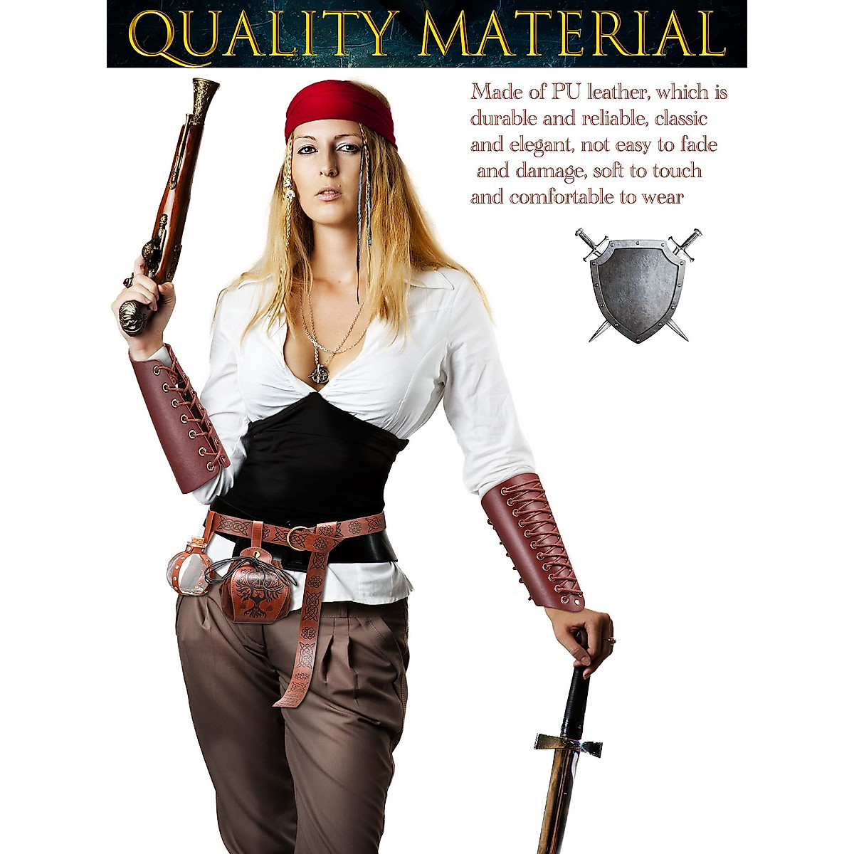 Medieval Faux Leather Set Adults Faux Leather Arm Guards Drawstring Faux Leather Pouch Halloween Dark Magic Cork Potion Bottle Knight Leather Belt Brown