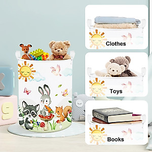 Clastyle 45L Large Forest Animal Kid Laundry Hamper with Handle for Boy Girl Collapsible White Fox Clothes Toy Storage Basket with Lid for Nursery
