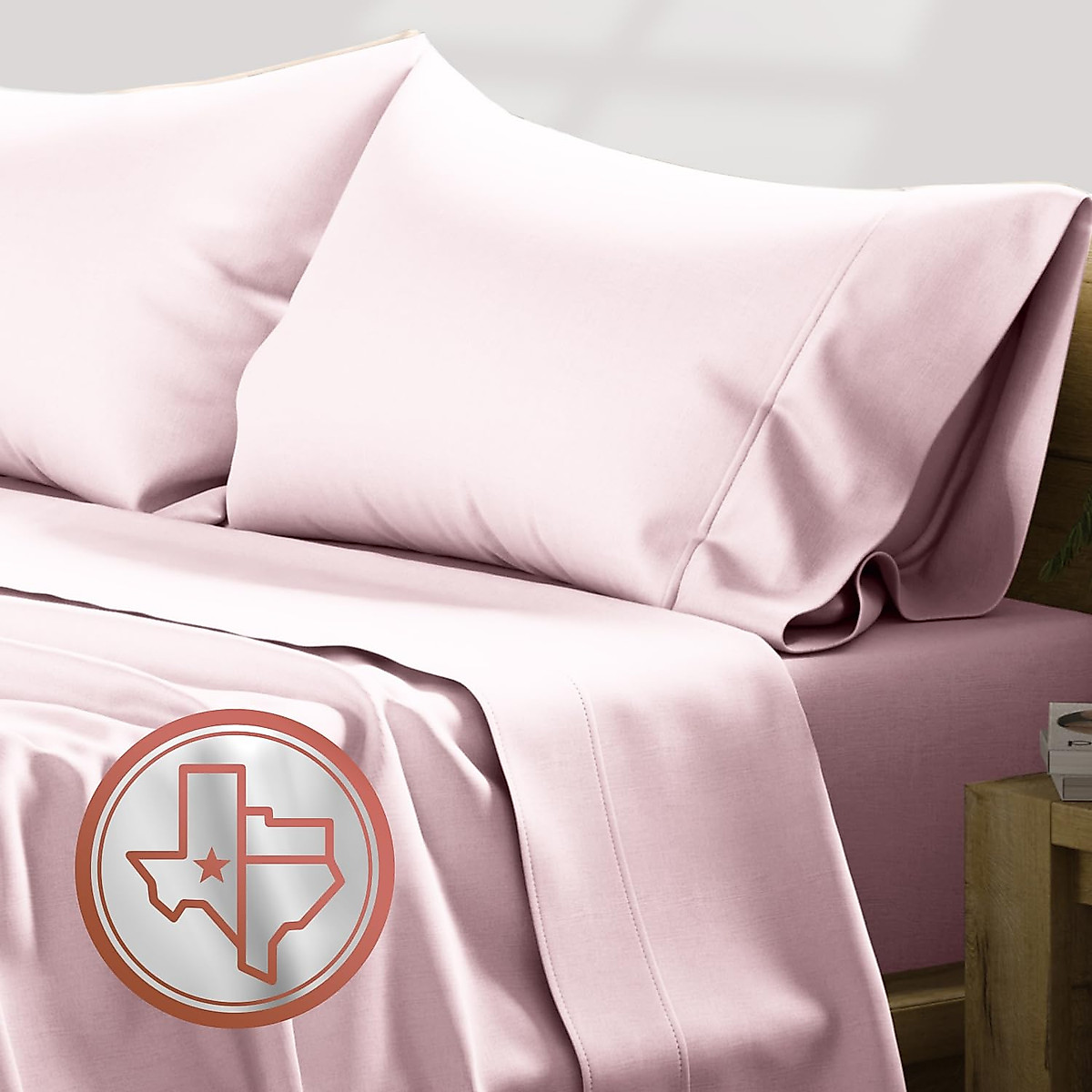 TEXAS LINEN CO. 100% Egyptian Cotton Sheets, 600 Thread Count 4 PC Queen Size Sheet Set, Soft, Cooling, High Thread Count Sateen, Extra Long Staple Luxury Bedding, 16 in Deep Pocket - Blush