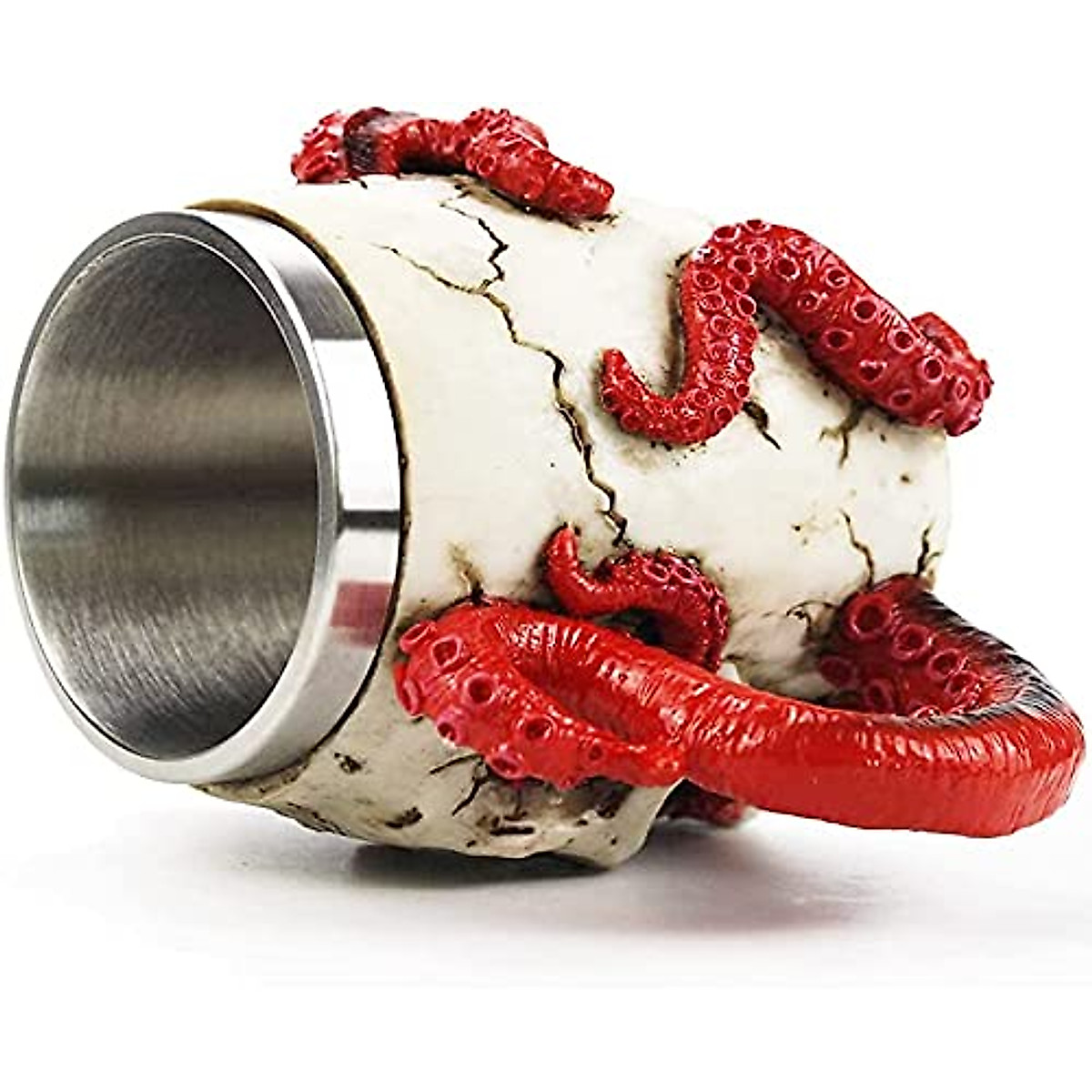 Skull Mug Parasite Octopus Beer Coffee Mugs with Tentacle Handle, Stainless Steel and Resin Tankard Skeleton Cranium Skull Beverage Drinking Cup for Ossuary Macabre Halloween Decorative Accent - 13oz