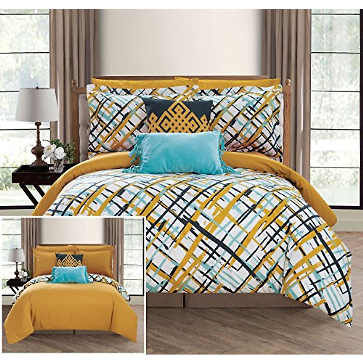 Chic Home Abstract 7 Piece Reversible Comforter Print Design Bed in a Bag-Sheet Set Decorative Pillows Shams Included/XL Size, Twin, Gold