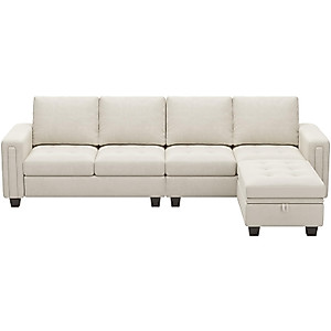 Belffin Velvet Reversible Sectional Sofa with Chasie Convertible L Shaped 4-seat Sectional Couch with Storage Ottoman Beige