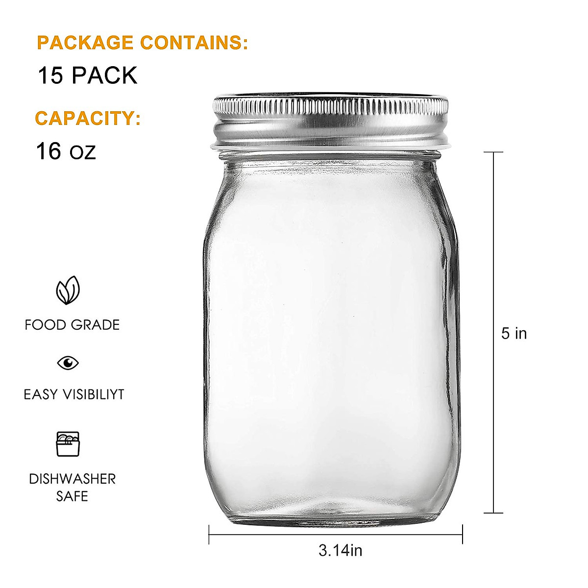 Accguan 16oz / 500ml Mason Jars with Airtight Lids, Glass Jar With Regular Lids, Clear Glass Jar Ideal for Jam,Honey,Wedding Favors,Shower Favors, Set of 15