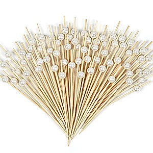 Elyum Cocktail Picks 100 PCS Toothpicks for Appetizers Bamboo Cocktail Skewers for Appetizers with White Pearls Food Picks for Party, Wedding, Dessert, Fruit (White, 4.7 Inch)