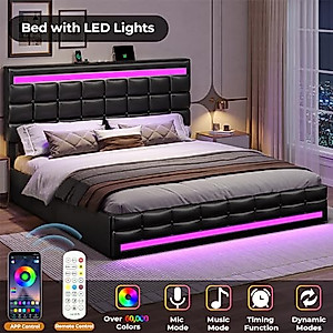 BTHFST King Size Bed Frame with LED Lights,PU Leather Bed with Storage Drawers & Adjustable Headboard,Platform Bed with Power Outlets,Noise-Free,Black