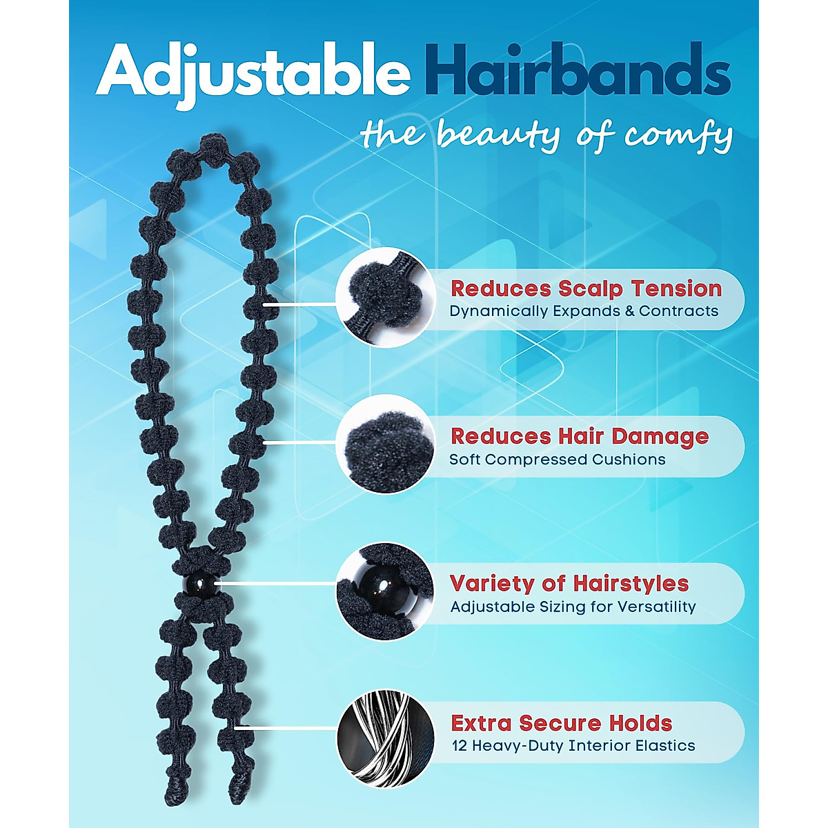 Bunzee Bands Large Hair Band for Thick, Curly, Natural Hair - Cushioned No Damage Hair Ties Ideal For Braids, Pineapple Hair - Afro Puff Ponytail Holder - Adjustable, Extra Stretchy (Black 2Pk)