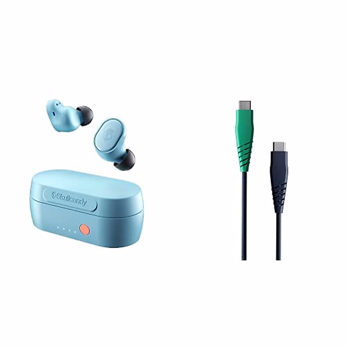 Skullcandy Sesh Evo True Wireless in-Ear Earbuds - Bleached Blue with Line Round Charging Cable, USB-C to USB-C - Dark Blue/Green, 4ft