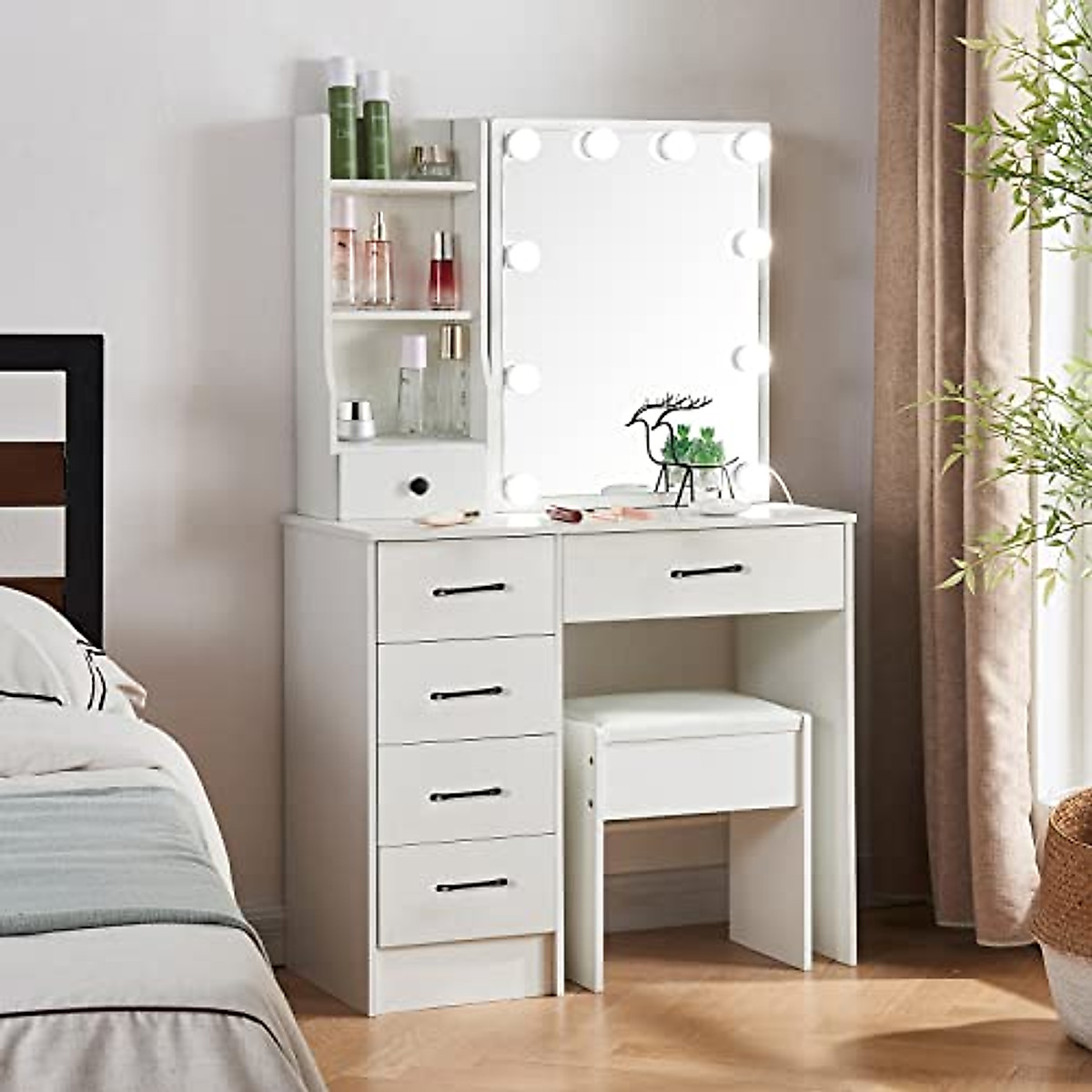 White Vanity with Sliding Mirror, 10PCS Hollywood Bulbs 3 Lighting Modes Vanity Desk with 6 Storage Drawers, Dressing Table Set with 6 Display Shelves for Girls.