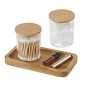 INIUNIK Glass Qtip Holder with Vanity Tray, Apothecary Jars Bathroom Accessories Bathroom Canisters Organizer Countertop Q Tip Holder for Cotton Ball Round Swab Pad Hair Ties Floss Perfume Jewelry