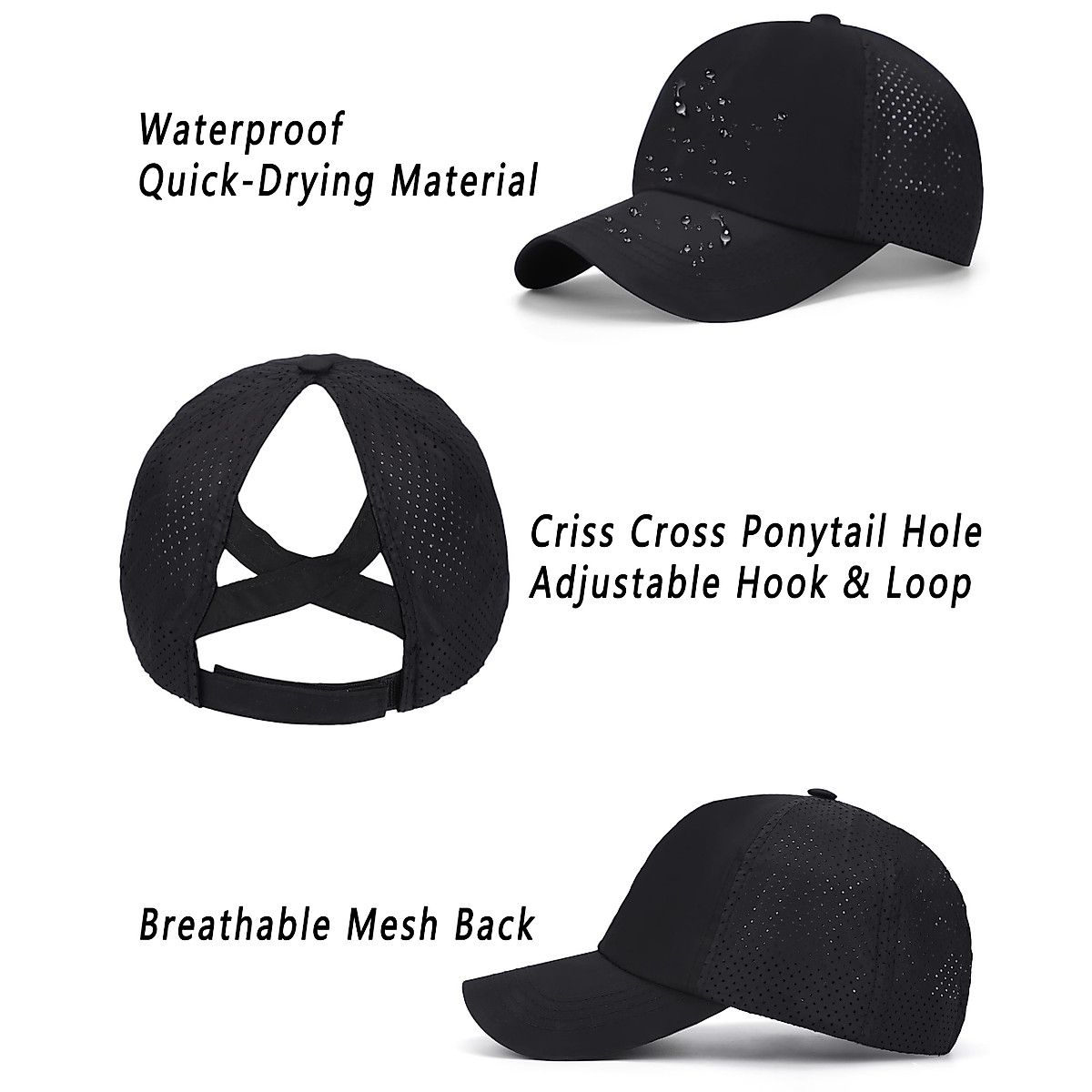 ZTL Women's High Ponytail Baseball Cap Performance Running Hat Quick Dry Mesh Sports Cap Adjustable Unstructured Dad Trucker Hats Black