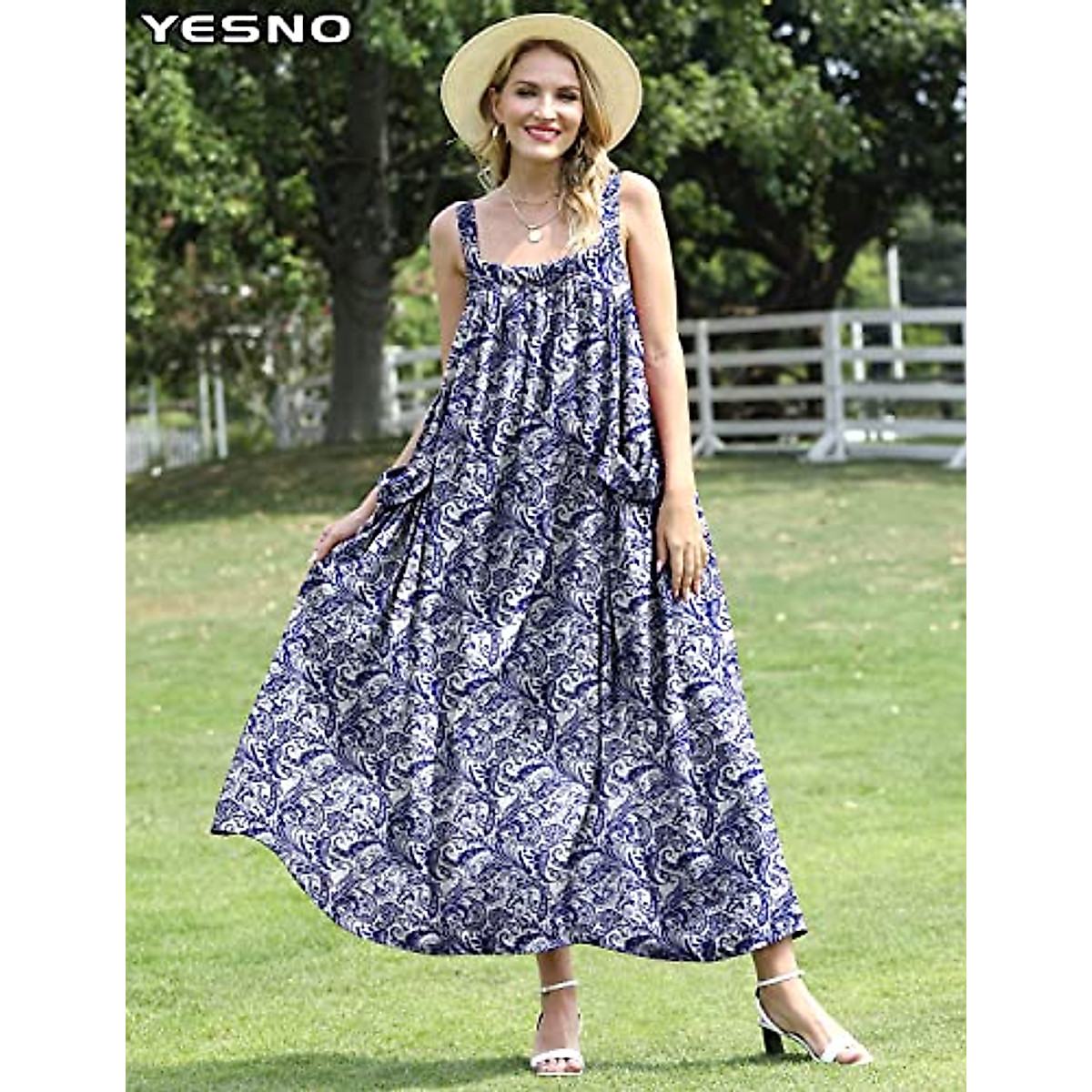 YESNO Maxi Dress for Women with Pockets Boho Summer Dress with Wide Adjustable Buttoned Strap M E96 CR148