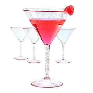 Simple Essence Rose Gold Glitter Plastic Martini Glasses With Stem (Set of 4), 9.5 Ounce, Unbreakable Reusable Cocktail Glasses - Ideal for Parties, Poolside, RV, Camping, Holiday, Entertaining