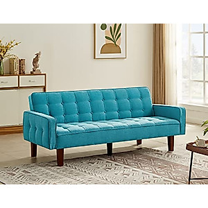 Melpomene Futon Sofa Convertible Couch Bed, Modern Button Tufted Linen Folding Sofa Sleeper with Wood Legs for Living Room Bedroom,Blue