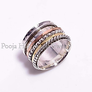 Pooja Handmade Jewelry 925 Sterling Silver Ring, Meditation Ring, Spinner Rings For Women, Statement Ring, Spinning Ring, Fidget Spinner Ring, Hammered Spinner Ring, Mix Metals Ring, Gif For Women