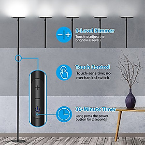 TROND Floor Lamps for Living Room - 5000LM Super Bright LED Torchiere Floor Lamp with 5-Level Dimmable, 5500K Natural Daylight Modern Tall Standing Lamp Reading Light, 30mins Timer for Home Office