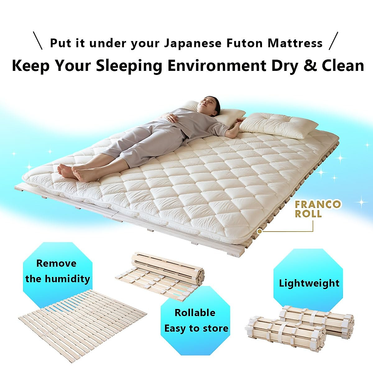 EMOOR Wood Roll-Type Slatted Bed Full (55.2x78.7in) for Japanese Floor Futon Mattress, Franco-ROLL, Unpainted Paulownia, Floor Sleep Bedding Guest Minimalist Tatami Mat Natural