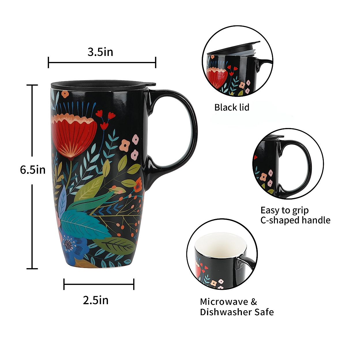 DUSVALLY Ceramic Mug Large Coffee Cup Tall Mugs Porcelain Latte Tea Cup with Lid and Color Box 17oz.Black and Colorful Flowers