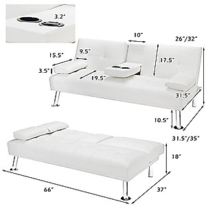 Giantex Convertible Futon Sofa Bed, Faux Leather Sectional Couch Sleeper, Removable Armrests 2 Cup Holders Backrest Adjustable, Upholstered Small Guest Bed for Apartment Living Room White