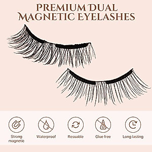 MLEN Dual Magnetic Eyelashes Natural Look Magnetic Eyelashes Without Eyeliner Soft Magnets False Eyelashes No Glue or Eyeliner Needed with Applicator Reusable 3D Fake Lashes Extension with Tweezers