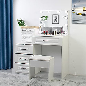 saicheng White Dressing Table Set,Modern Makeup Dressing Table with Large Lighted Mirror 10 Bulbs and 4 Storage Drawers,Dresser Desk with Cushioned Stool for Bedroom