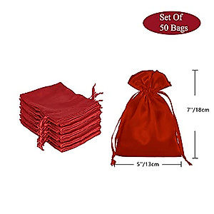 AKLVBL 50 Pack 5X7 Red Satin Bags Small Gift Bags, Jewelry Bags, Drawstring Pouch, Wedding Favor Bags, Baby Shower Bags, Party Favor Bags,Satin Gift Bags