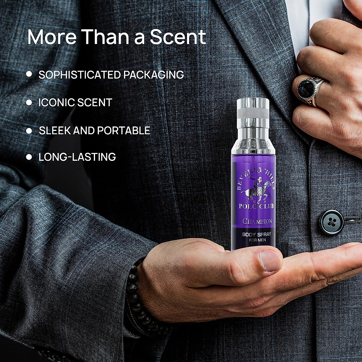Beverly Hills Polo Club Body Spray for Men - BHPC Champion - Notes of Vanilla, Lily, Oakmoss & Patchouli - Long Lasting Body Mist Cologne Scent - Ideal Gift for Him, 6oz