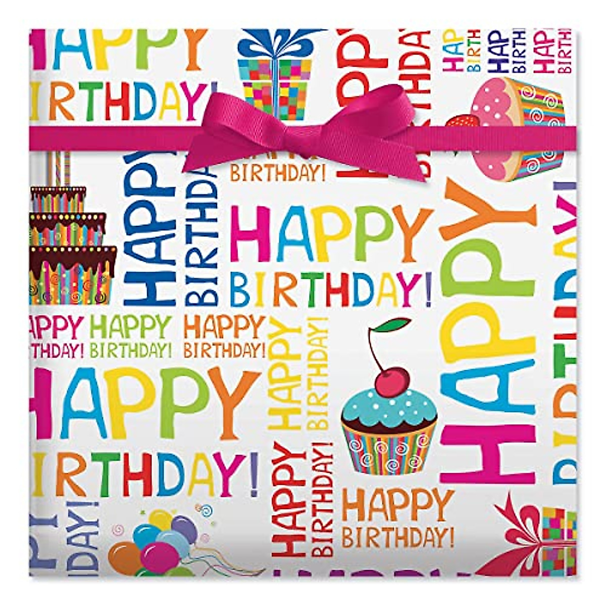 Current Happy Birthday Words with Dots Reversible Double-Sided Jumbo Gift Wrap Roll, 23 inches x 32 feet per roll