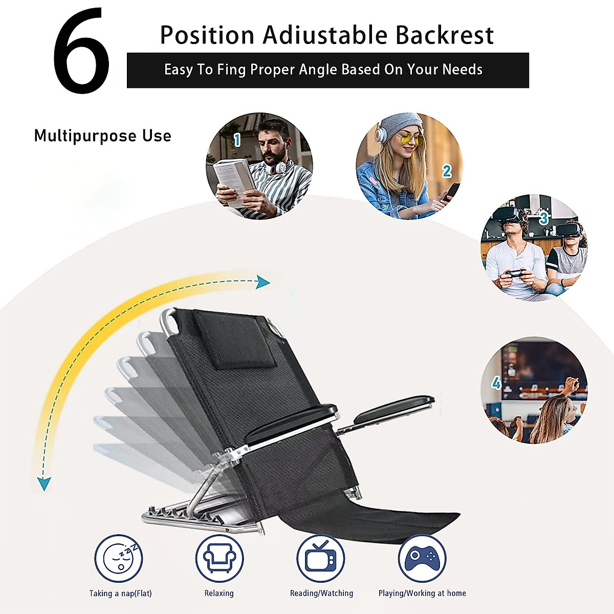 YZRYXHWL Foldable Bed Backrest with Armrests Floor Chair for Adult Reading Patient Care Bed Chair with Pillow Sit Up Backrest in Bed Breathable Fabric 6 Speed Adjustment