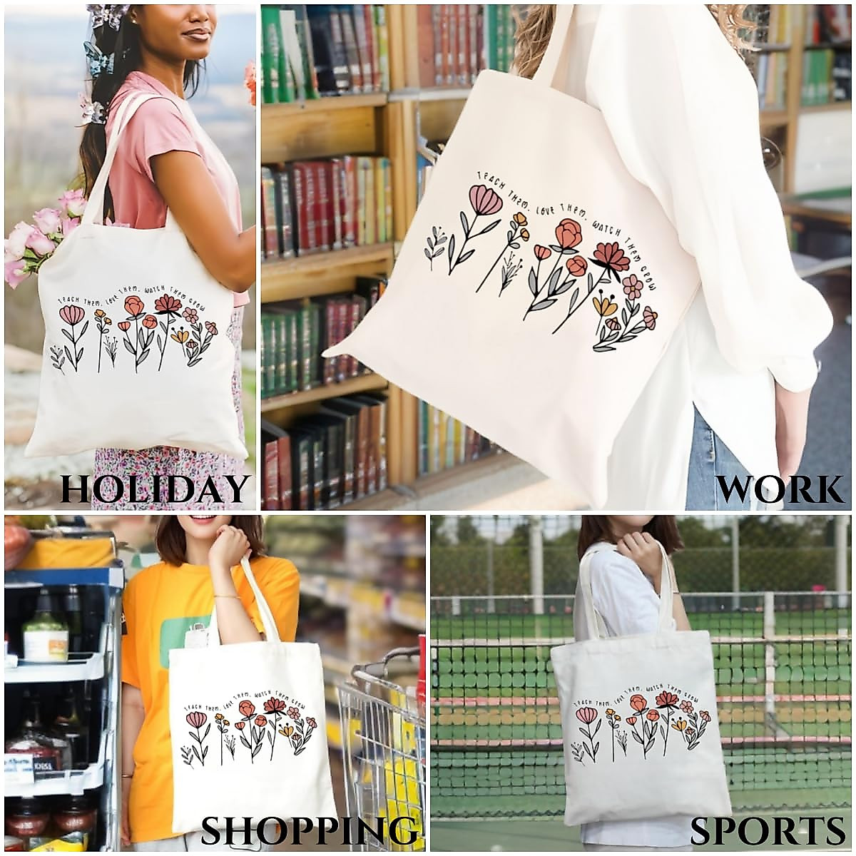 Glowave Canvas Tote Bag with Flower Pattern Teacher Tote Bag Beach Bag Cute Shopping Bags Shoulder Bag Reusable Grocery Bags