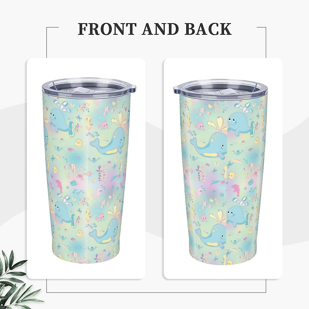 20oz Tumbler Cartoon Marine Animal Double Wall Vacuum Insulated Coffee Mug with Lid and Metal Straw Brush Reusable Stainless Steel Water Bottle Travel Cup Gifts for Car Ice Drinks Hot Beverage