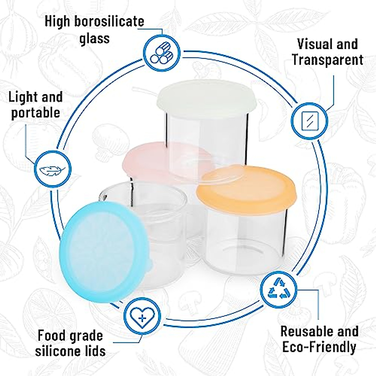 Kieaisy Glass Snack Containers, 4x5oz Small Glass Food Storage Jars, Portable Kids Lunch Containers with Silicon Lids, Condiment Container with Lids | Reusable & Microwave & Dishwasher Safe