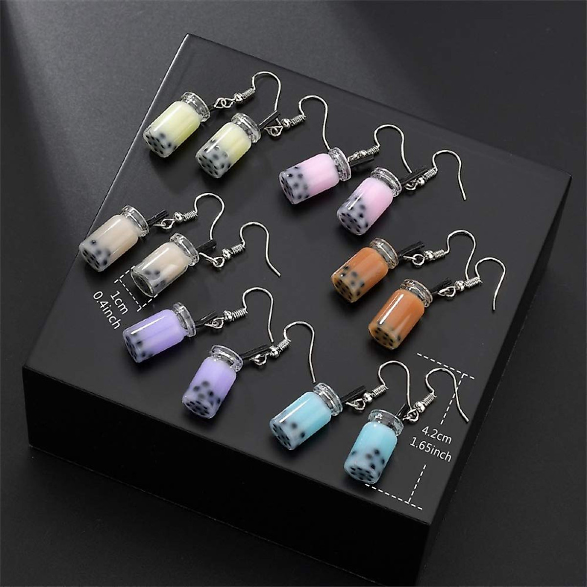 6 Pairs Creative Unique Bubble Boba Tea Dangle Earrings Funny Personality Milk Tea Drink Earring Colorful Glass Bottle Funny Earrings for Women Party Jewelry Gifts (6 Color)