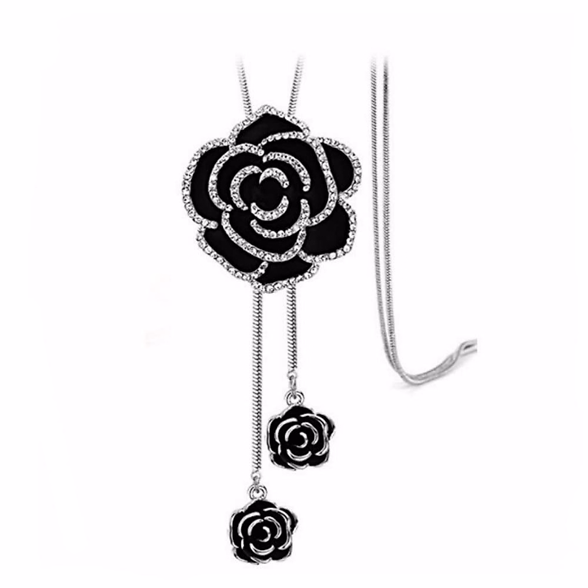 Cathercing Rhinestone Black Rose Pendant Long Necklace for Women Sweater Chain Statement Necklace Choker Adjustable Elegant Jewelry Crystal Accessories Dressy Collocation Winter Evening Party Wedding
