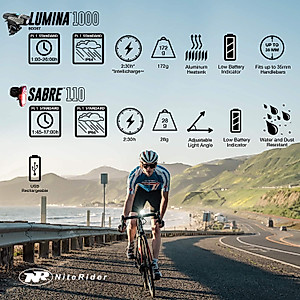 NiteRider Lumina 1000 Boost Front Bike Light Sabre 110 Rear Bike Light Combo Pack- LED USB Rechargeable Bicycle Headlight Water Resistant Mountain Road City Commuting Cycling Safety