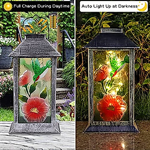 Solar Lanterns Outdoor Hanging Light - Solar Powered Glass Lantern Outdoor Waterproof Garden Light with Hummingbird and Flower Pattern Table Patio Yard Pathway Decor Christmas Gift