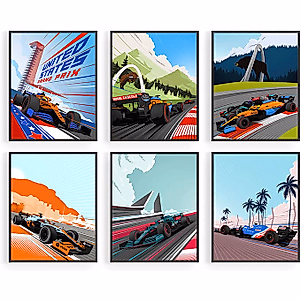 Abstract Formula 1 Racing Car Wall Art, F1 Car Canvas Posters, Inspirational Racing Car Wall Art, Classic Racing Car Art Prints for Bedroom Man Cave Boys Room Decor, Set of 6 (8"x10" Unframed)