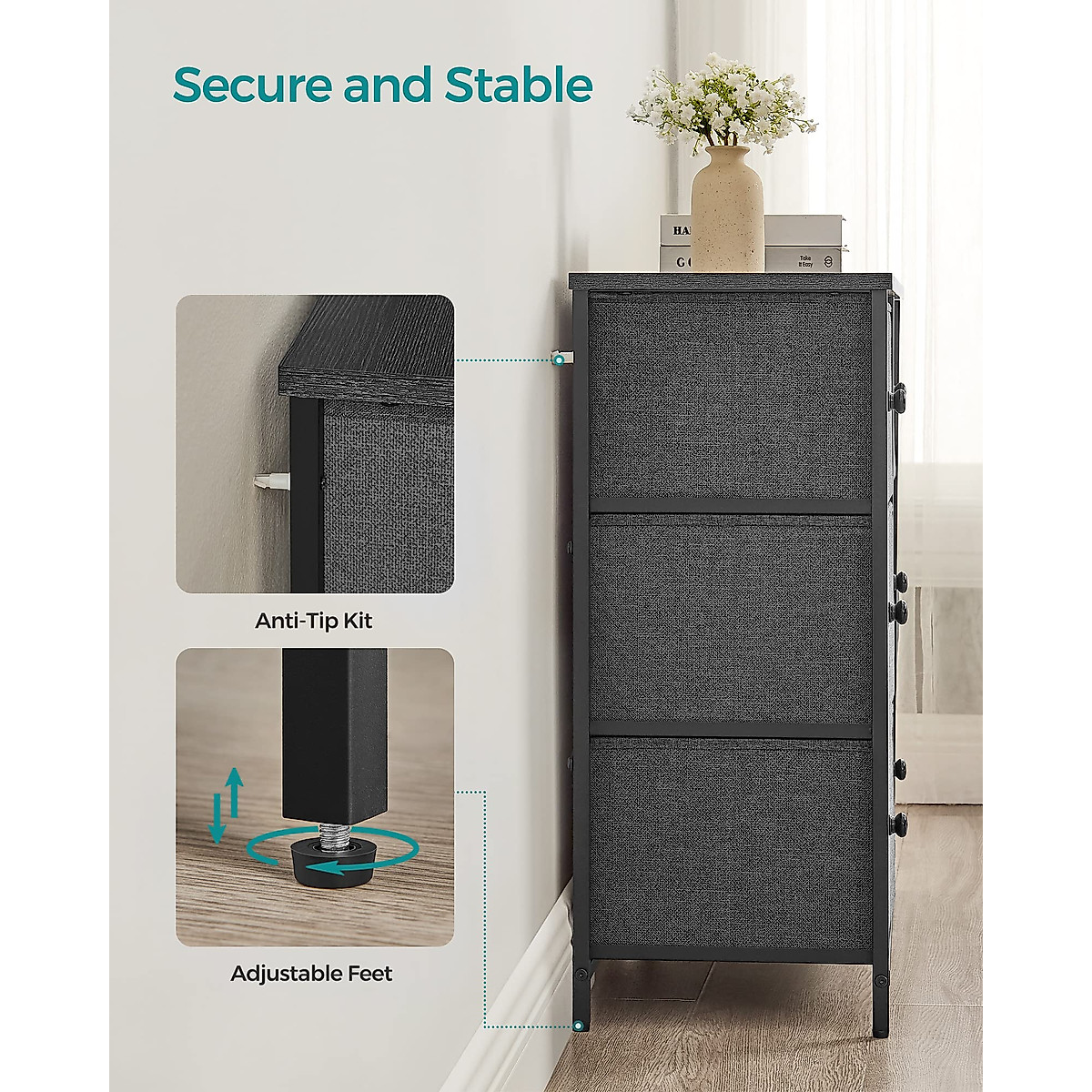 SONGMICS Dresser for Bedroom, Chest of Drawers, 6 Drawer Dresser, Closet Fabric Dresser with Metal Frame, Gray and Black with Wood Grain ULTS323G22, 11.8”D x 31.5”W x 27.1”H