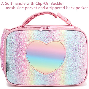 FlowFly Kids Lunch box Insulated Soft Bag Mini Cooler Back to School Thermal Meal Tote Kit for Girls, Boys, Glitter-RainBow