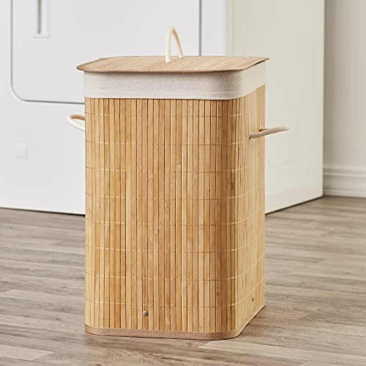 Welcome Industrial Bamboo Clothes Hamper - Clothing Basket with Carrying Handles - Rectangle