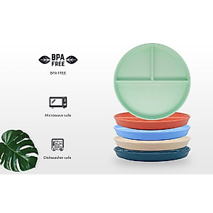 DLF. DONGLINFENG Adult Compartmentalized Dinner Plates 5-Piece Set Unbreakable Portion Control Wheat Plastic Dinner Plates (Compartmentalized Plates/Picnic Plates) 9 In