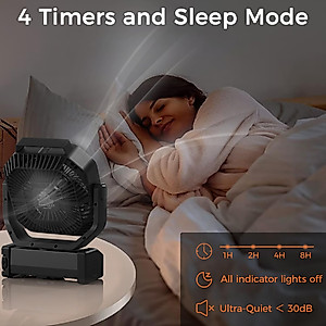 Camping Fan with Light - 20000mAh Rechargeable Battery Fan, 112Hrs Max Run Time, 9 Speeds, Digital Display, Timer, Auto Oscillation, 270° Pivot & Hook for Camping, Power Outage, Hurricane (Black)