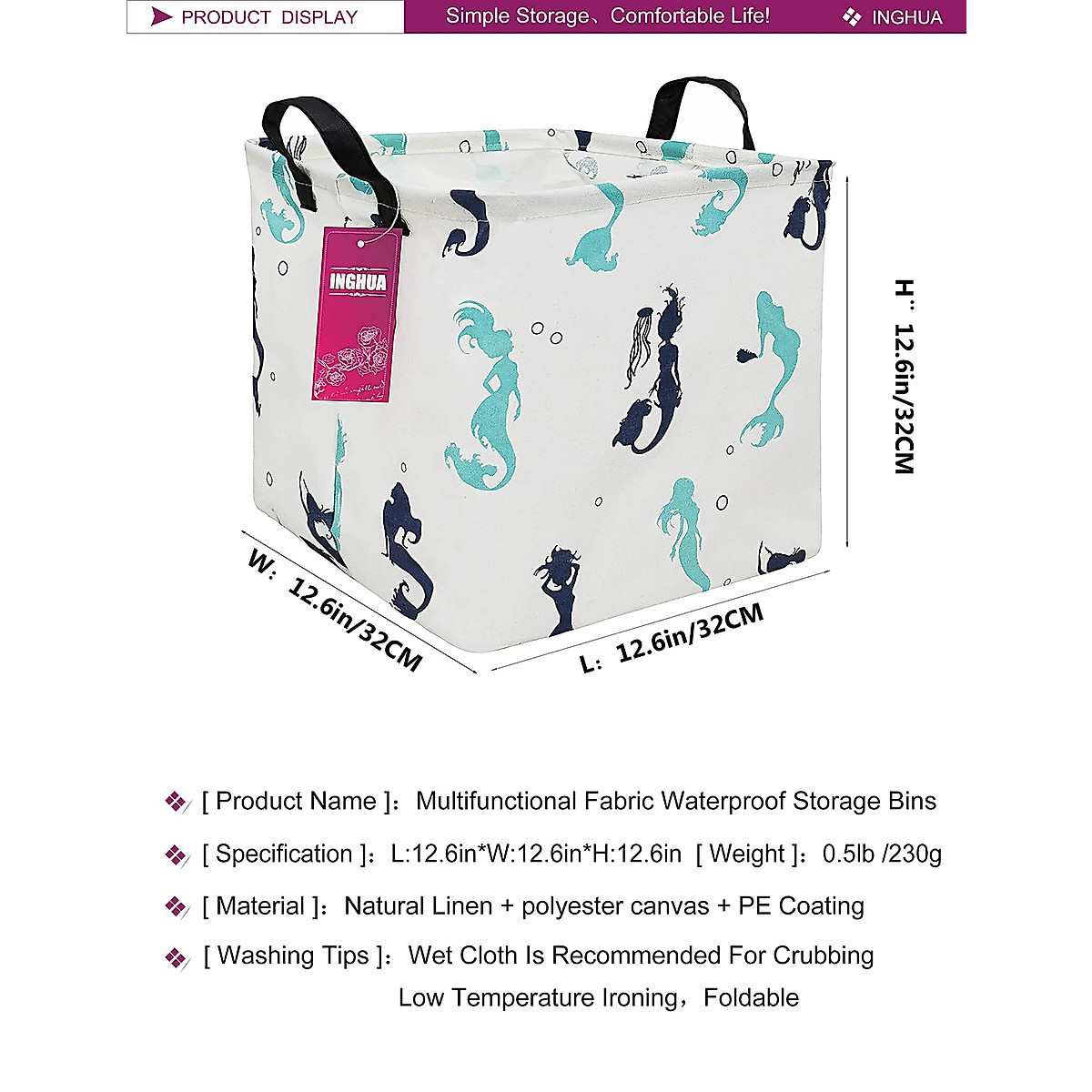 INGHUA Square Storage Basket Fabric Organizer Bin for Toys,Books,Clothes,Gifts,Pets-Perfect for Home,Office,Nursery,Dorm,Shelf(Square-mermaid)