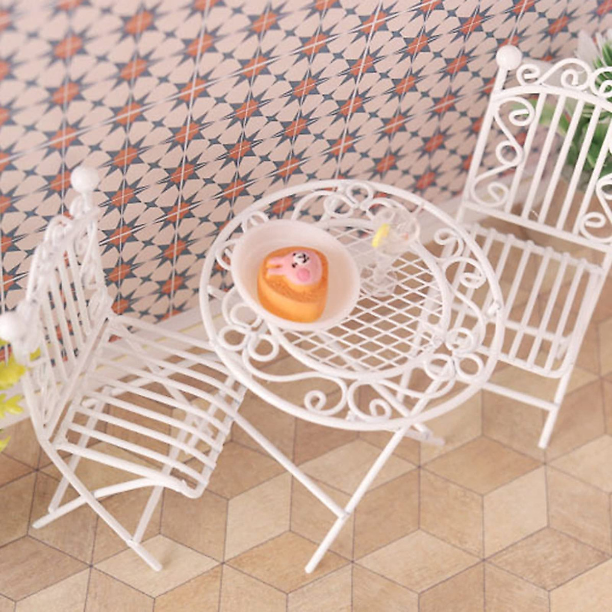 Metal Doll House Bistro Set, White Miniature Doll House Table and Chairs Set, 1/12 Scale Miniature Patio Set Fairy Garden Furniture Ornaments Micro Decor A