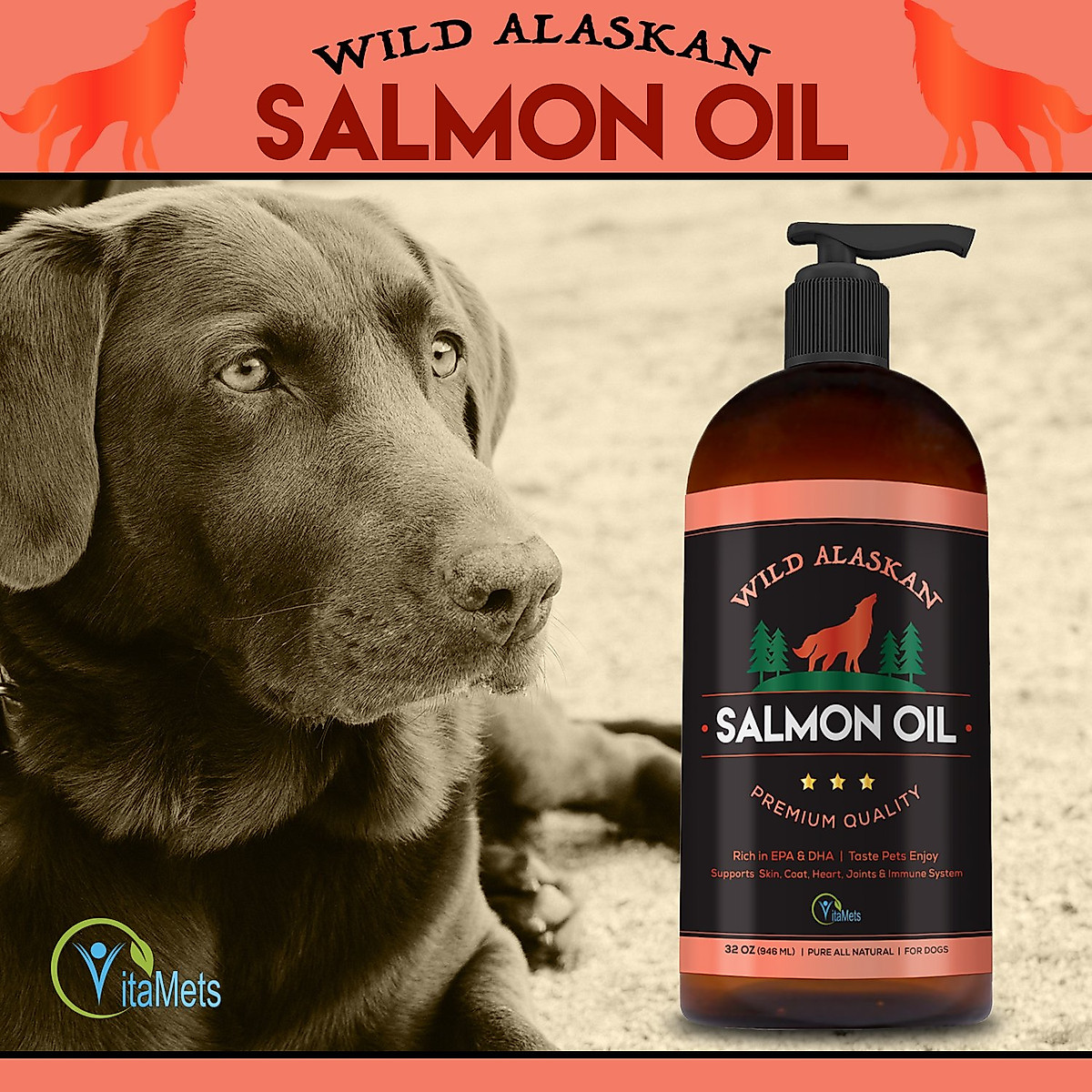 Vitamets Wild Alaskan Salmon Oil for Dogs, Cats and Pets – 100% Natural Omega-3 Fish Oil Supplement with DHA and EPA Promotes Hip and Joint Function, Healthy Skin and Coat (32 oz)