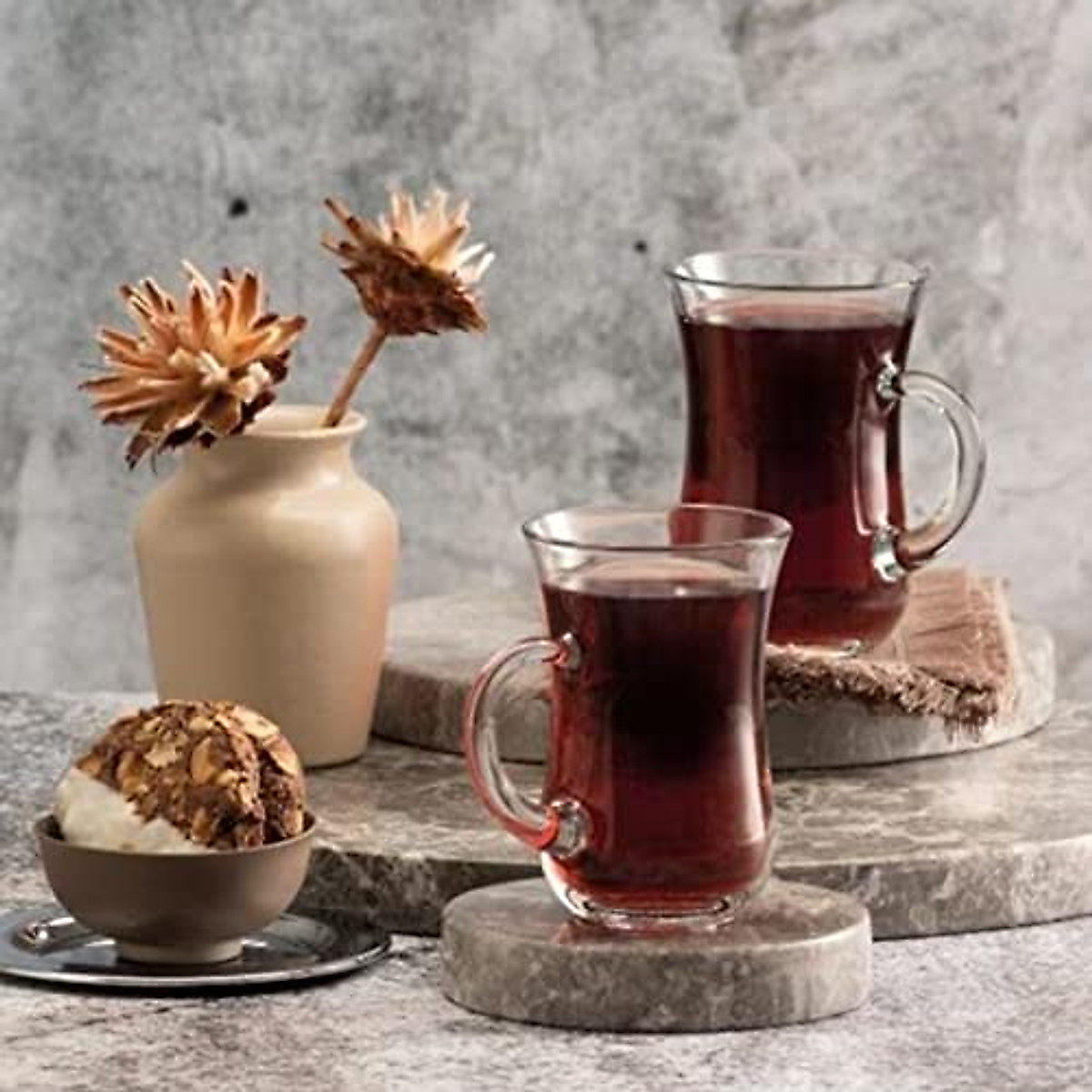 Turkish Tea Glasses With Handle - 6 pcs Tea Cups, Slim Waist Design and Thick Sole Prevent the Tea From Getting Cold, Capacity 145cc, 4 3/4 Oz, 2.5" x 4H"